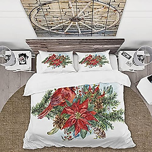 DESIGN ART Designart 'Christmas Poinsettia and Red Cardinal Bird' Traditional Duvet Cover Comforter Set King Cover + Comforter + 2 King Shams 4 Piece