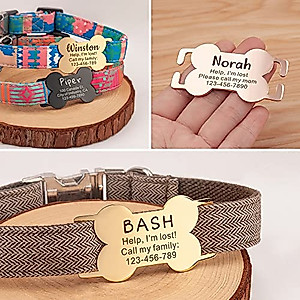 Anavia Bone Shape Slide On Silent Pet ID Tags, S/M/L/XL Gold Black Personalized Engraved Cat Dog Name Tags, Glossy Finish Stainless Steel Chew-Proof Quiet Dog Collar Tag