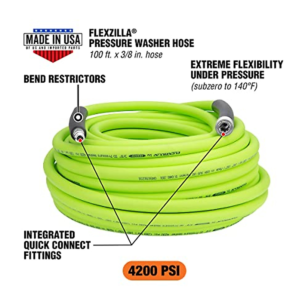 Flexzilla HFZPW426100Q-E 4200 PSI, 3/8 in. x 100' Pressure Washer Hose, 100 ft, ZillaGreen