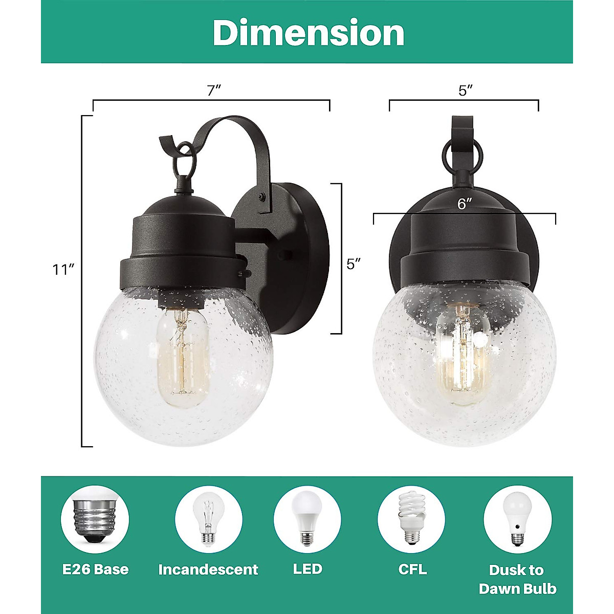 KSANA Outdoor Sconces Wall Lighting, Rust-Proof Exterior Light Fixtures Wall Mount with Bubble Glass, Globular Outdoor Light Fixtures for Porch, Yards, Patio, Garden, Balcony, Hallway, Black Finish