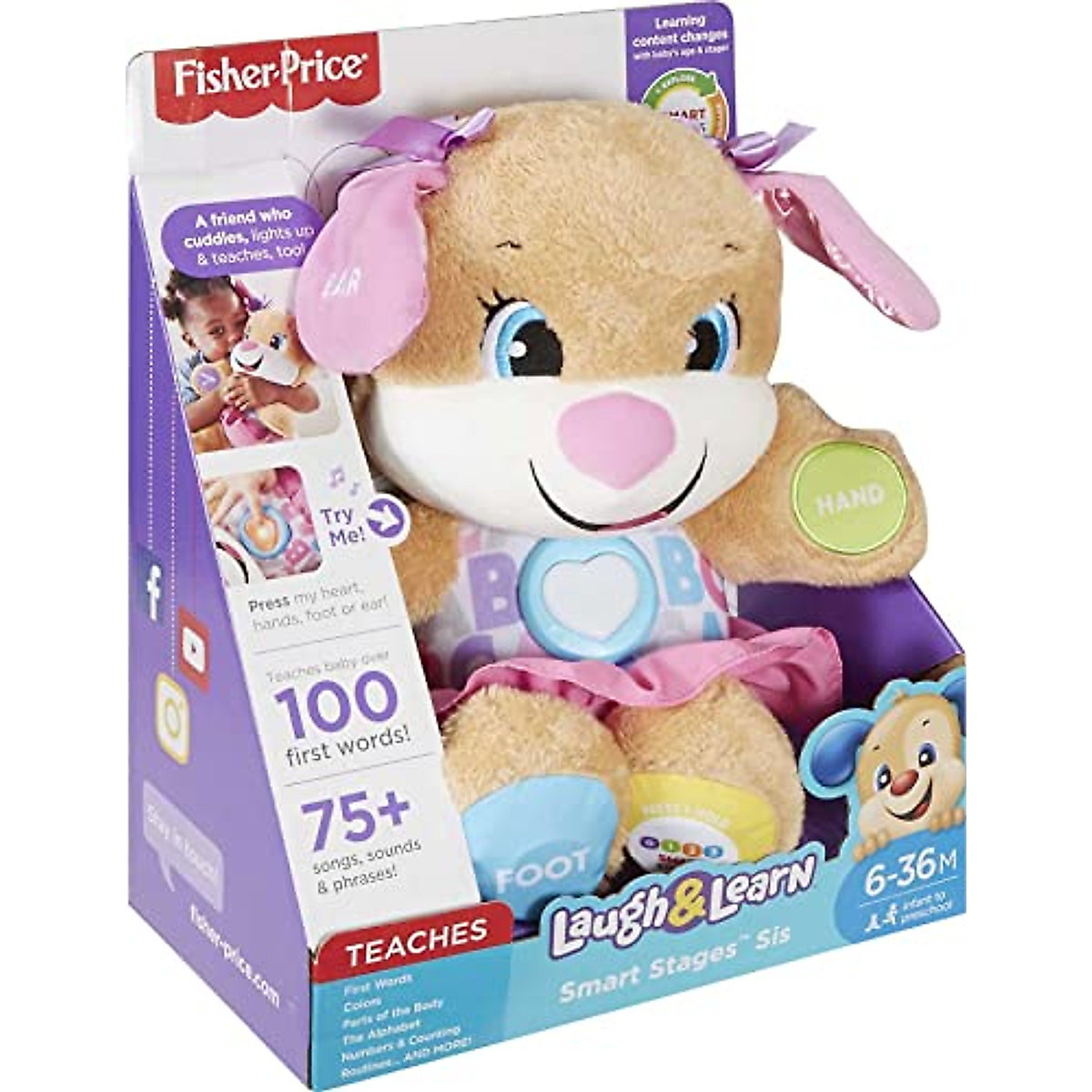 Fisher-Price Laugh & Learn Baby & Toddler Toy Smart Stages Sis Interactive Plush Dog With Music Lights & Learning Content For Ages 6+ Months
