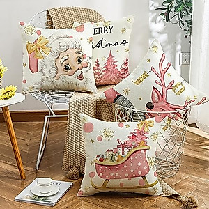 wyooxoo Christmas Pillow Covers 16x16 Inch Set of 4 Christmas Tree Reindeer Pink Decorations Throw Pillow Covers Winter Holiday Decor Linen Pillowcase for Sofa Couch Home Decor (16" x 16", Pink)