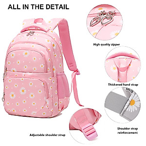 goldwheat Daisy Printed Backpacks With Lunch Pack Pencil Case 3pcs, Water Resistant Lightweight Bookbag For Middle School (Pink)