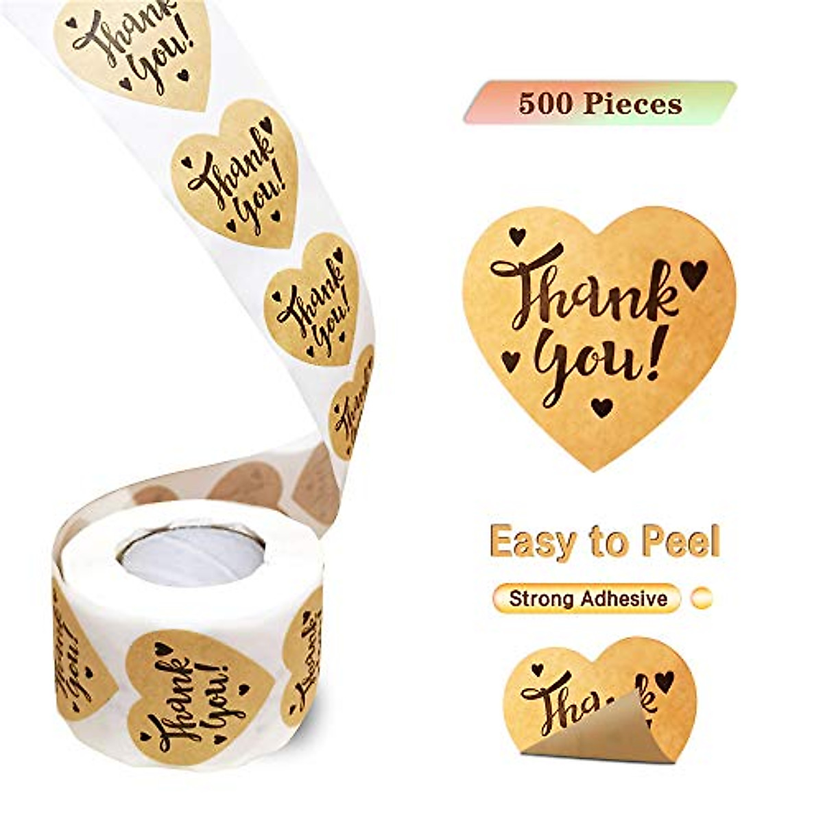 Thank You Heart Stickers Roll, 1.5 inch Thank You Stickers Brown Kraft Paper, 500p/Roll, Small Business, Party Decorative Sealing Labels Stickers(Heart Thank You Stickers 500Pcs/Roll)