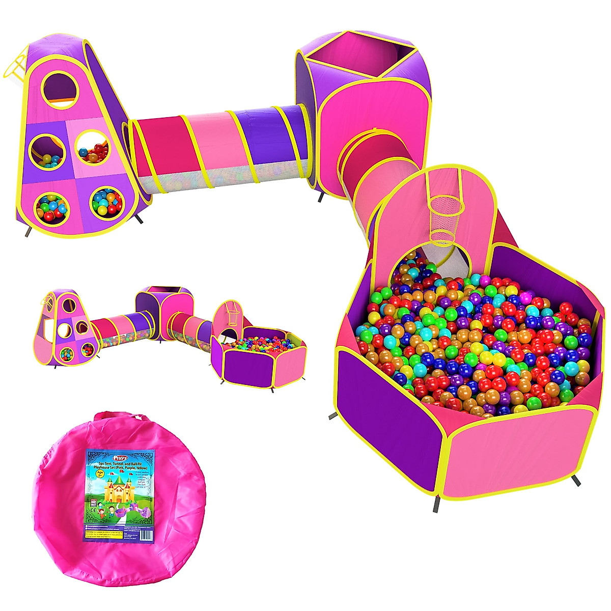 Playz 5pc Kids Princess Play Tent, Ball Pit with Basketball Hoop & Kids Play Tunnel for Toddlers, Babies, Kids, Girls & Boys Indoor & Outdoor Pop Up Playhouse Bundle with Bag, Yellow, Pink & Purple