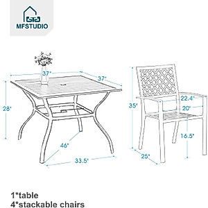 PHI VILLA 5 Piece Metal Patio Dining Set, Outdoor Furniture Set with 4 Stackable Chairs and 37" Square Dining Table - Umbrella Hole 1.57"