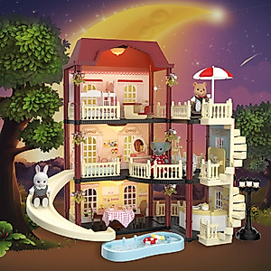 MITCIEN Dollhouse Kit Playset Little Critters Bunny Dolls for Girls with Swimming Pool and Slideside Family Toys for Toddler 3 4 5 6-Year-Old Girl