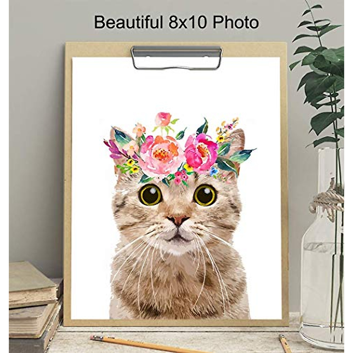 Tabby Cat Wall Decor - Cute Floral Wall Art, Room Decoration for Girls Bedroom, Kids Room, Living Room, Nursery - Gift for Kitty, Pussycat, Kitten, Cat Lovers, Women - Adorable Pink Girly Print