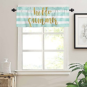 Vograud Valances for Windows, Hello Summer Gold Round Spots on Blue and White Stripes Rod Pocket Kitchen Curtains Valances, Short Window Valances for Living Room Bathroom 42” x 18”