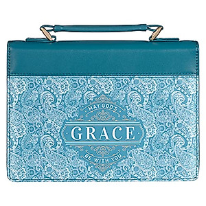 Christian Art Gifts Teal Vegan Leather Fashion Bible Cover for Women: God's Grace Be with You - Inspirational Book Carry Case w/Cute Paisley Pattern, Silver Zipper, Pockets & Pen Storage, Large