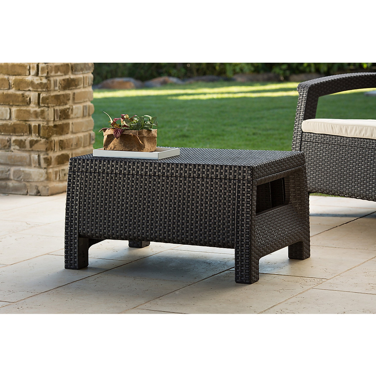 Keter Corfu Coffee Table Modern All Weather Outdoor Patio Garden Backyard Furniture, Brown