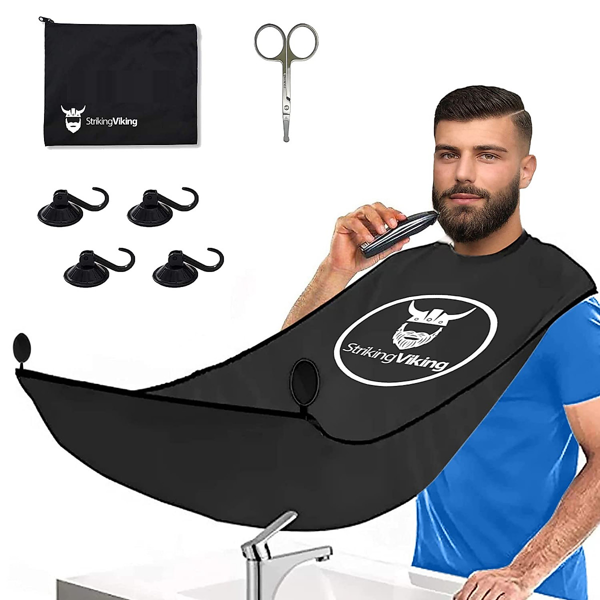 Striking Viking Beard Bib & Hair Catcher Apron for Shaving & Trimming - 4-Piece Grooming Kit with Scissors, Suction Cups, Storage Bag & Beard Cape - Shaving Hair Catcher