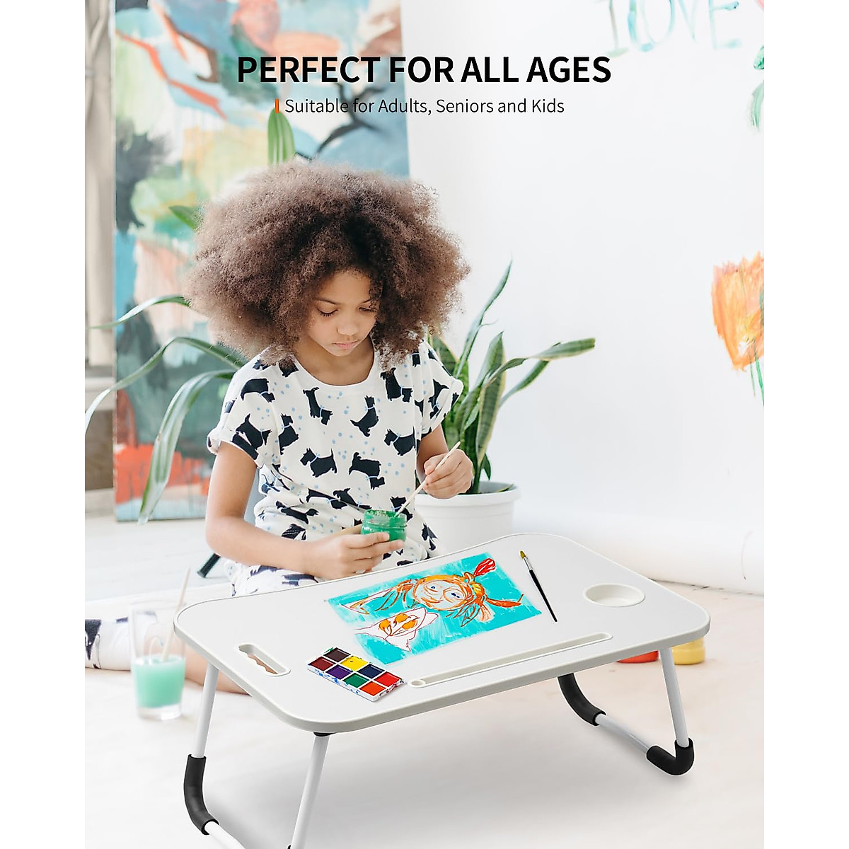 FISYOD Foldable Laptop Table, Portable Lap Desk Bed Table Tray, Laptop Stand with Cup Holder & Tablet Slot & Lifting Handle for Working Writing Drawing & Eating (White)