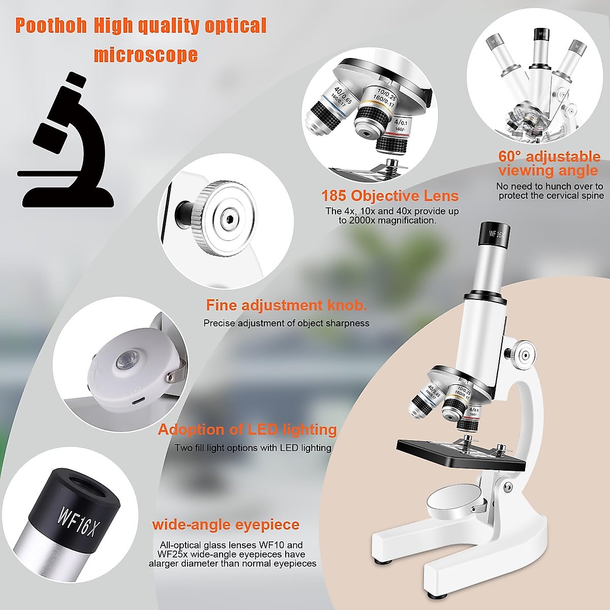 Poothoh Microscope for Adults Kids 40-2000X Magnification Compound Microscope with Microscope Slides Fill Light,Suitable for Children Students Home School Laboratory Microscope kit