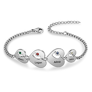 Jewelstruck Personalized Best Friend Bracelet for Women Custom 1-6 Names BFF Bracelets with Simulated Birthstone Friendship Adjustable Love Heart Link Bracelets for Mom (4 birthstones & names)