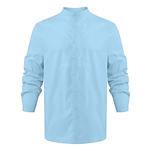Men Linen Button Up Dress Shirt Long Sleeve Casual Cotton Beach T Shirts Stand Collar Solid Color Summer Yoga Tops (Light Blue,X-Large)