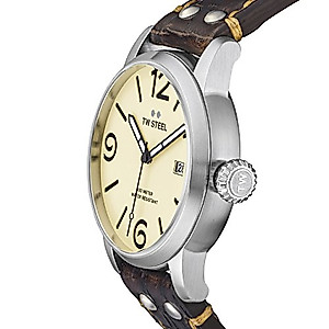 TW Steel Men's Maverick Stainless Steel Quartz Watch with Leather Calfskin Strap, Brown, 22 (Model: MS2)