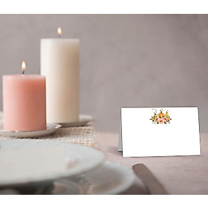 Fall Thanksgiving Table Place Cards, Orange Pumpkin Blank Seating Place Card for Table, 25 Pack Buffet Food Tent Labels, Double Design Name Cards, Thanksgiving Day Party Decorations(01)