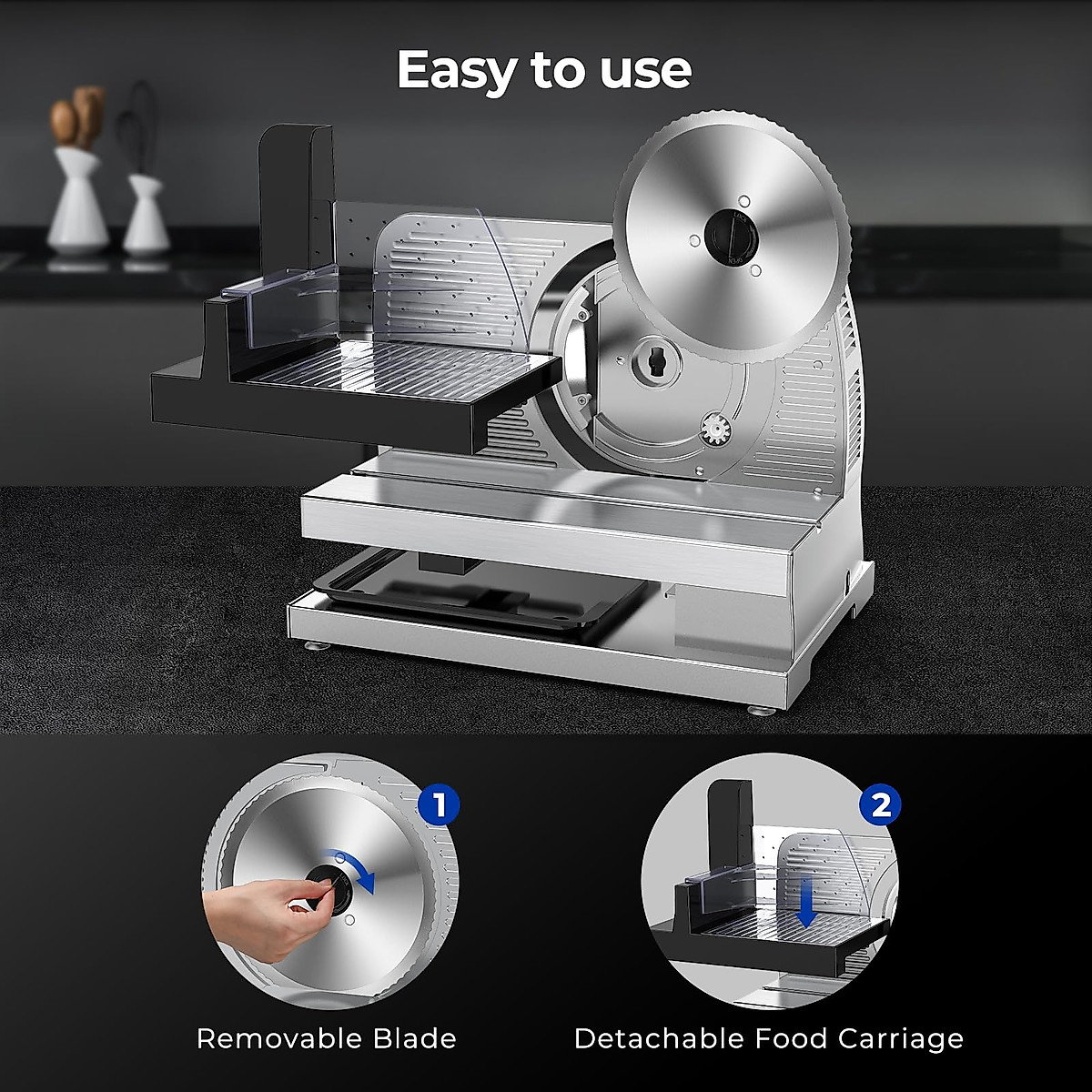 OSTBA Die-Cast Electric Meat Slicer Machine, 0-23mm Adjustable Thickness, Two 6.7” Removable Stainless Steel Blades, Intermittent Switch, 160W Deli Food Slicer with Food Tray for Meat Cheese Bread