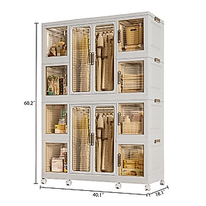 Veemuaro Portable Kids Closet, Children's Wardrobe Closet with 2 Hanging Rod, 8 Wheels, 12 Magnetic Clear Door and 16 Hangers, Foldable Plastic Storage Cabinet for Children's Room, Cloakroom, Bedroom