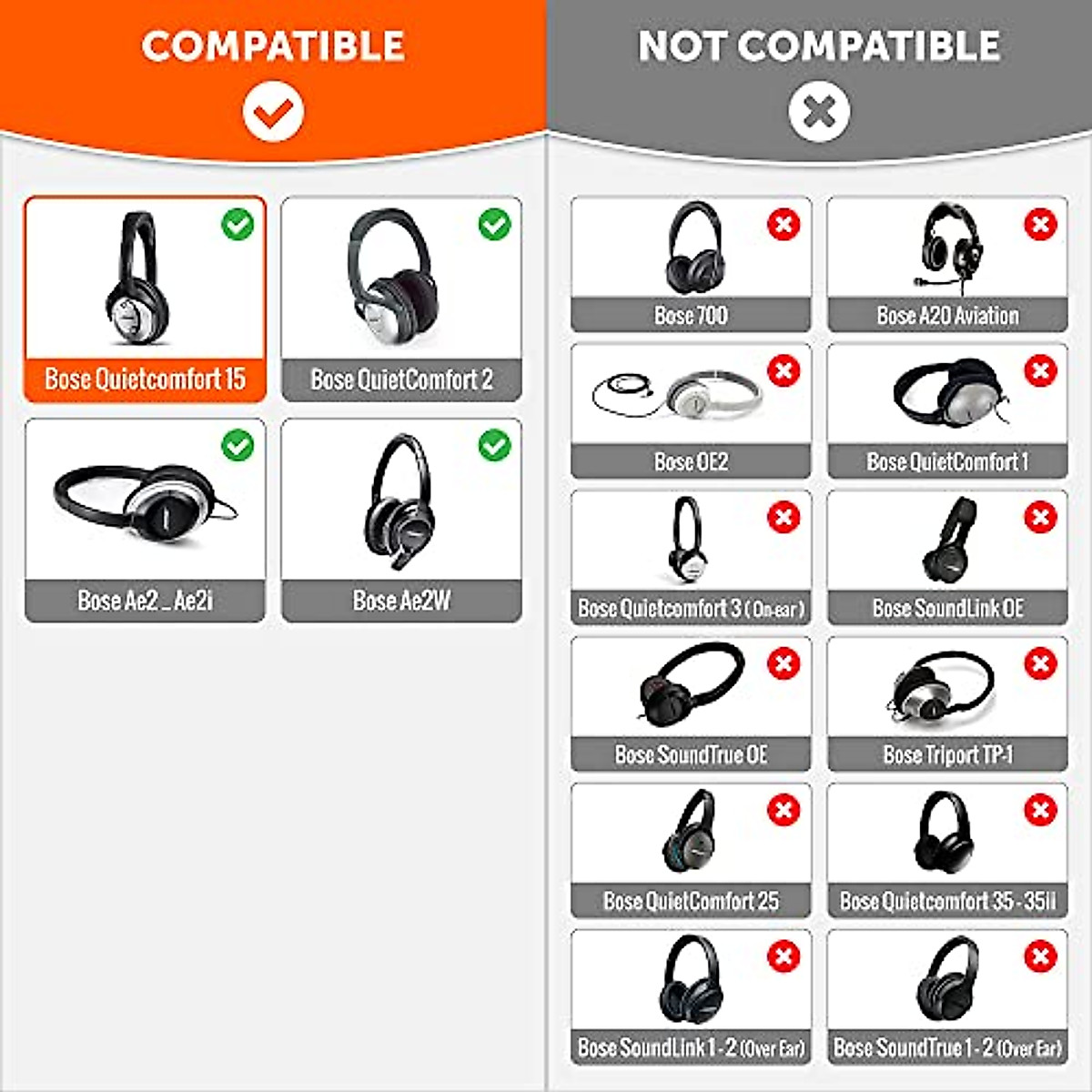 WC Upgraded Replacement Ear Pads for Bose QC15 Headphones Made by Wicked Cushions- Supreme Comfort - Compatible with QC25 / QC2 / AE2 / AE2i / AE2W - Extra Durable | (PU Leather)