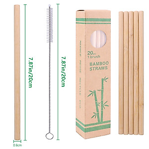 Q-DIRT PRO Reusable Bamboo Drinking Straws 7.8 Inches 100% Natural Eco Friendly Biodegradable and Organic 20 Sticks Bamboo Wooden Straw Includes Cleaning Brushes