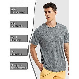 YUERD M&W 100% Merino Wool T-Shirt Mens Short Sleeve Merino Wool T Shirts for Men Grey