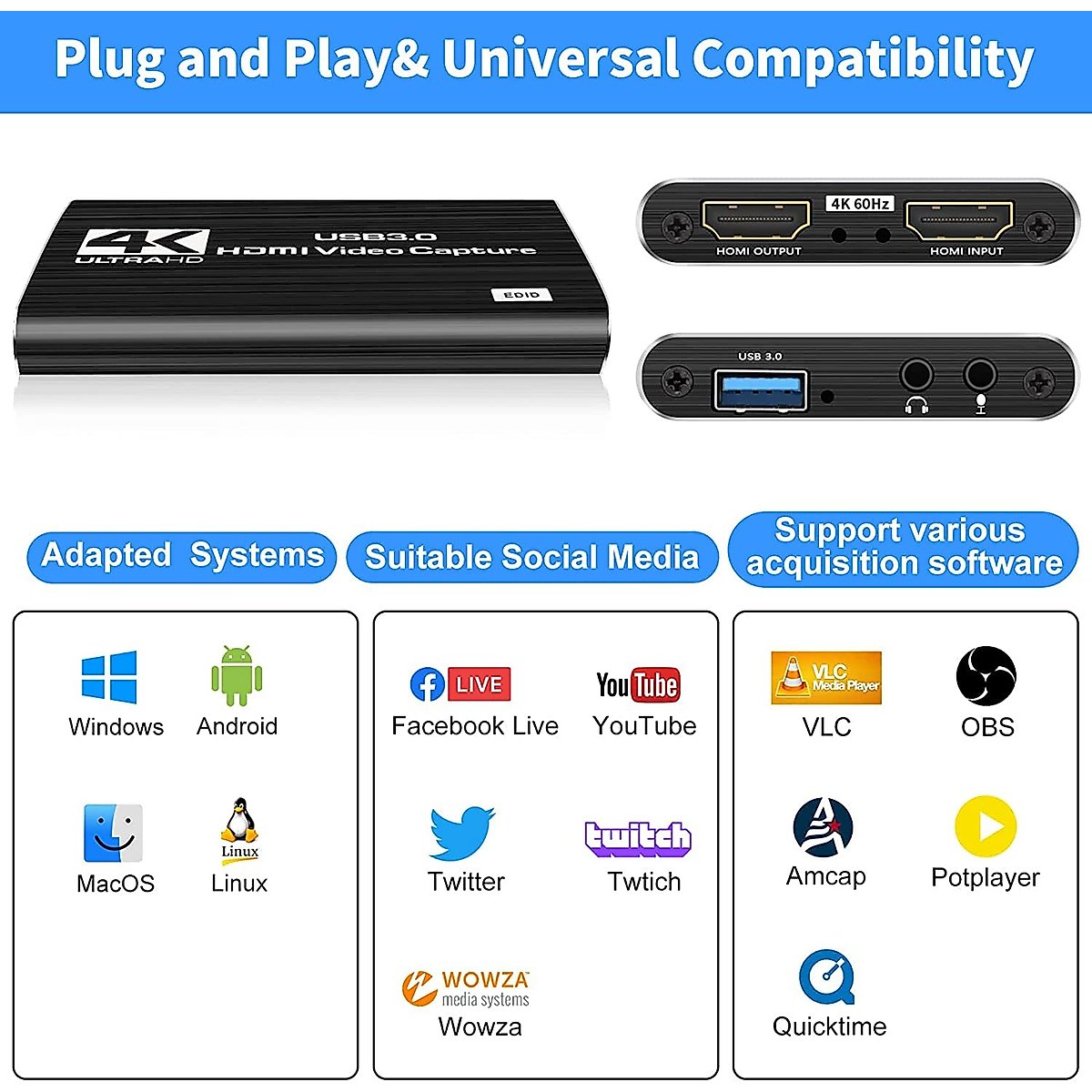 Wiistar USB Video Capture Card 1080P60FPS HDMI to USB 3.0 Audio Video Capture Device with 3.5mm Audio Out and MIC Support HDMI Loopout Game Recorder for PS4 Live Streaming