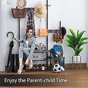Parent-Child Hall Tree Coat Rack Shoe Bench Entryway Sturdy Shoe Rack Storage Shelf Organizer, 3-in-1 Functional Hall Tree Industrial Rustic Wood Metal Furniture for Entrance, Foyer, Mudroom