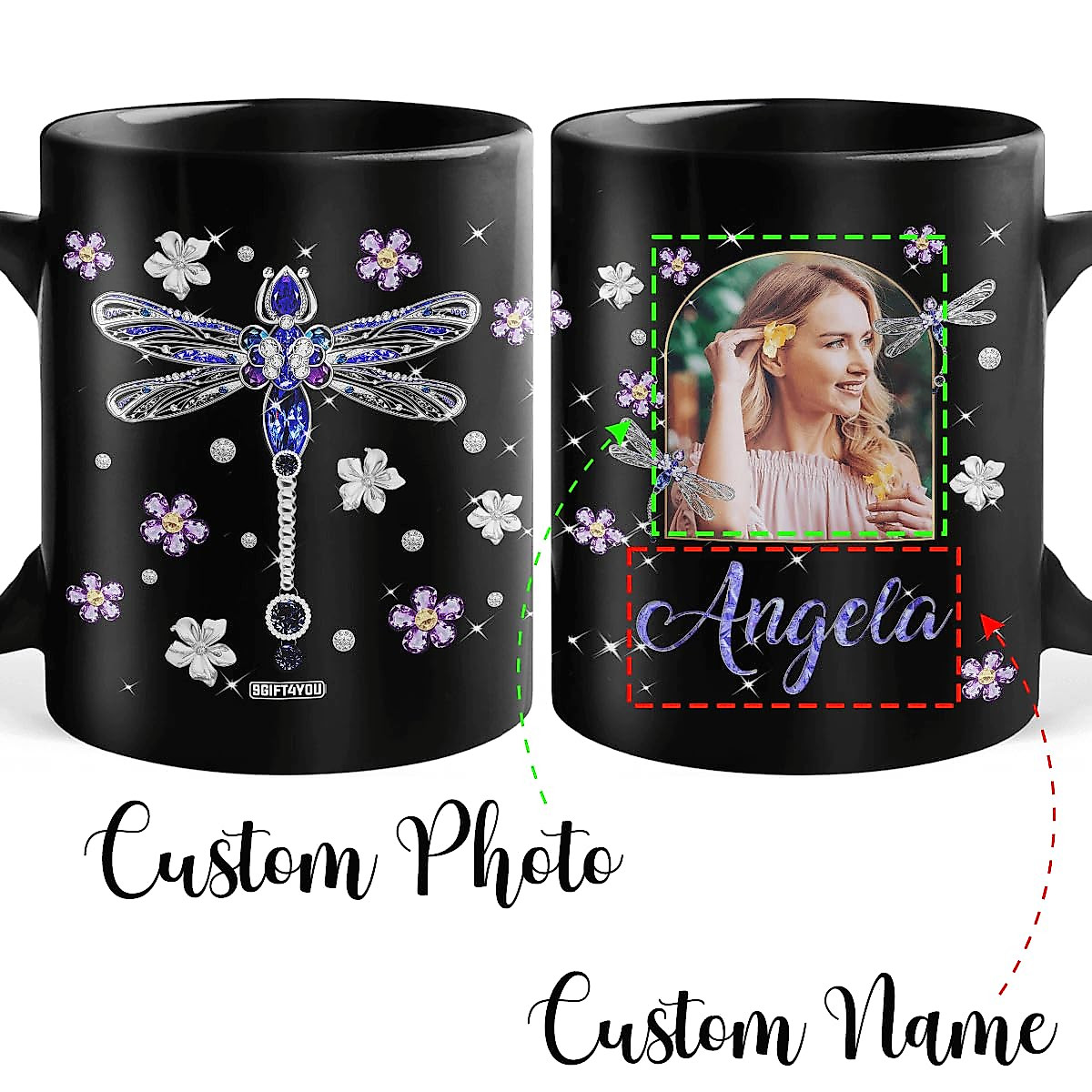 Black Ceramic Coffee Mug Photo Mugs Personalized Picture Dragonfly Custom Name Birthday Gifts For Women Friends Mom Novelty Cup Table Desk Accessories Jewelry Style 11 and 15 Oz
