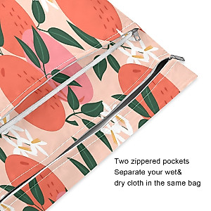 Wet Dry Bags for Diaper Bag Fruit Orange Flower Pattern Cloth Diaper Hanging Wet Bags Waterproof Washable Organizer Pouch with Pocket for Travel Camping Beach