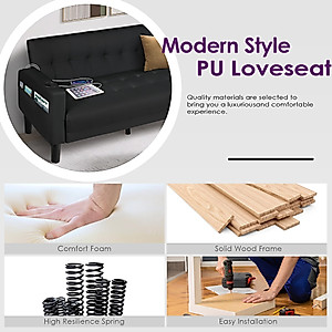 TYBOATLE Sofa Couch 62" W Loveseat w/ 2 USB Charger Ports & 2 Cupholders, Mid-Century Modern Tufted Black Faux Leather Small Love Seat Couches for Office,Compact Living Room,Bedroom,Apartment,Dorm