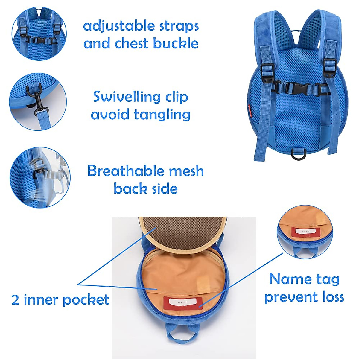Baby Backpack with Leash for Toddler,Small Bee Backpack for kids,Anti Lost Bag (Blue)