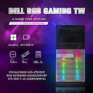 Dell RGB Gaming Desktop PC, Intel Quad I5 up to 3.6GHz, 16GB RAM, GeForce GTX 1050 Ti 4G GDDR5, 128G SSD + 2TB, DVD, WiFi & Bluetooth, RGB Keyboard & Mouse, Win 10 Pro (Renewed)