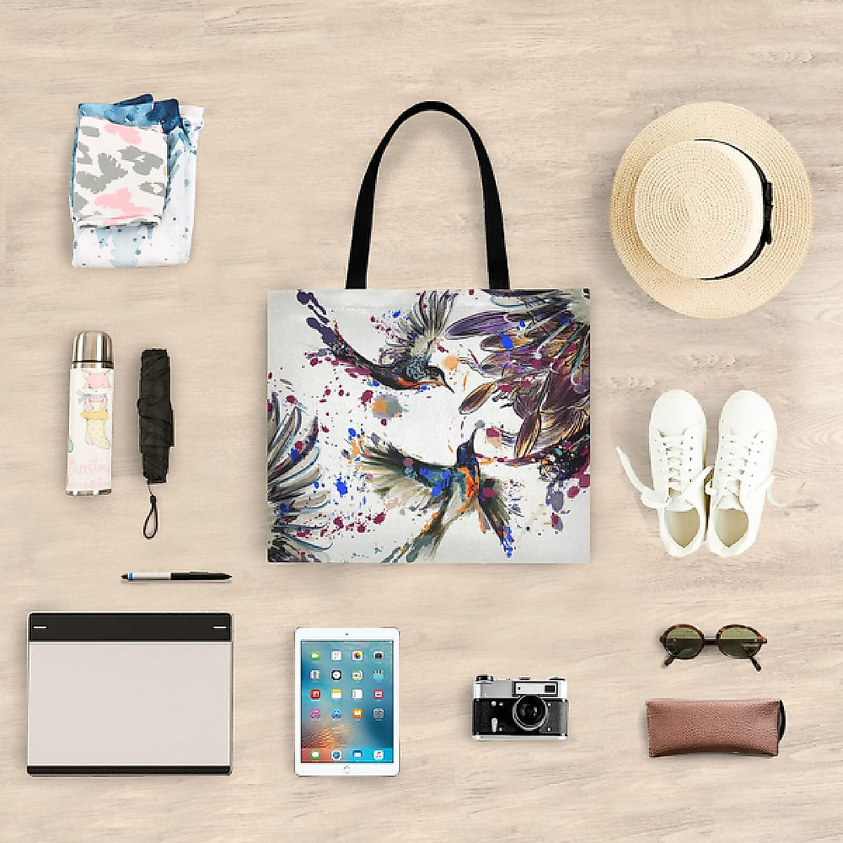 Canvas Tote Bag Watercolor Bird Hummingbird Feather Large Shopper Bag with Zipper Pocket Reusable Casual Shoulder Bag for Women Men