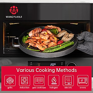 WANGYUANJI Cast Iron Grill Pan,11.8inch Round Cast Iron Skillets with Dual Handles for Barbecue,Suitable for All Stoves with Spatula and Brush