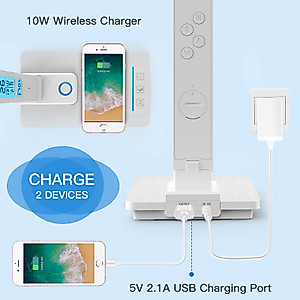 LED Desk Lamp with Wireless Charger, USB Charging Port, Desk Lamps for Home Office with 2 Night Lights & 5 Color Modes & 5 Brightness, Touch Control Desk Light with Clock, Alarm, Date, Temperature