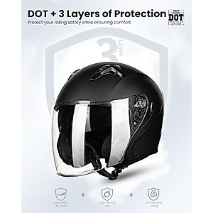 AUBOA Open Face Motorcycle 3/4 Helmets with Dual Visor for Men Women DOT Moped Scooter Cruiser Helmet Model AU-MO328 (Matte Black, L)