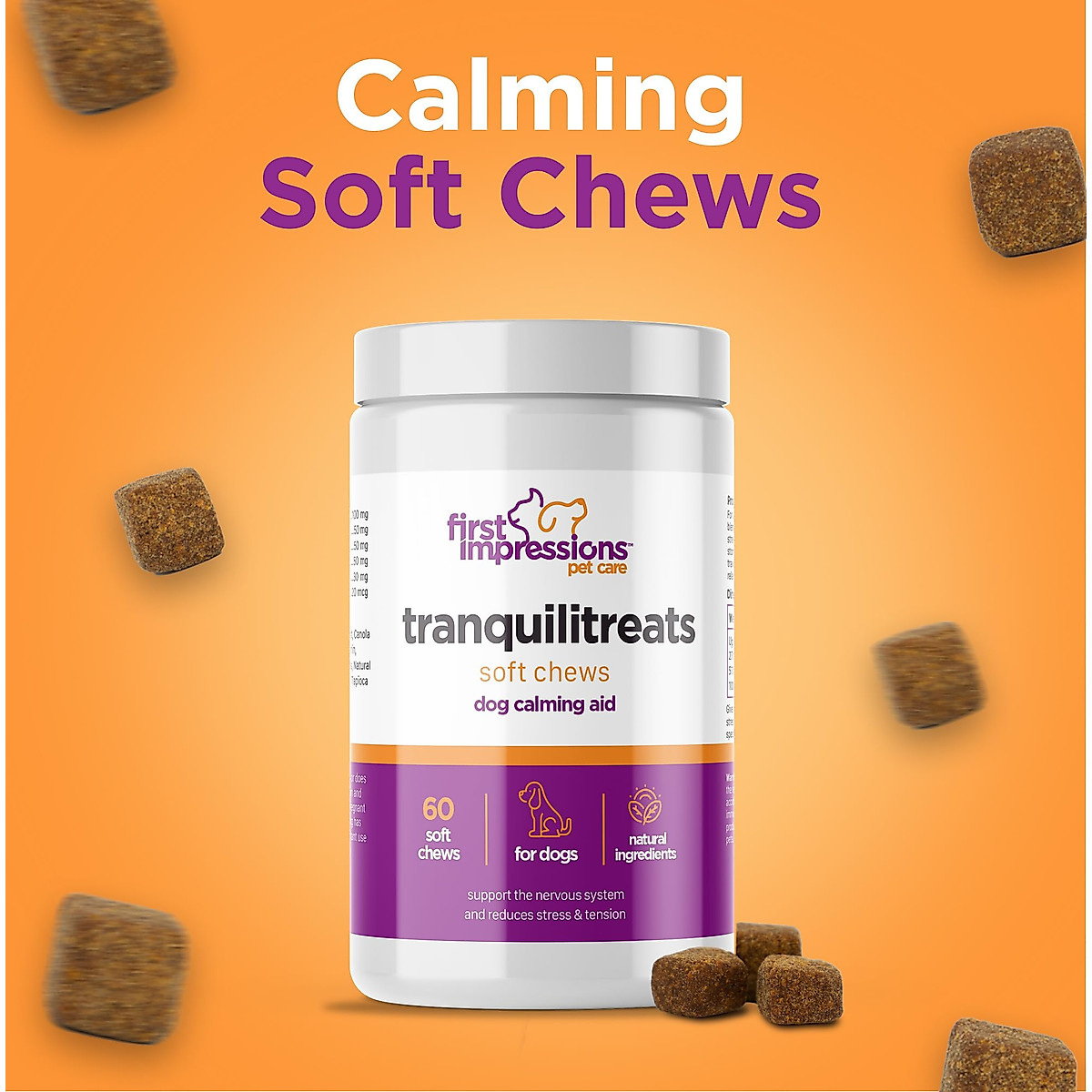 First Impressions Tranquilitreats - Calming Chews for Dogs, Anxiety Relief for Dogs - Packed with Chamomile, Ginger, Melatonin - Soft, Tasty, Chill-Out Calming Dog Treats - 60 ct
