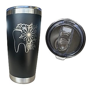 Silva lining designing Dental hyginiest tumbler 40oz tumbler Tooth tumbler Dental water bottle Gift for dentist Gift for dental hyginiest Office gift (20oz Black-Floral tooth)