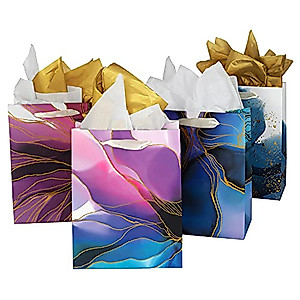 Homeadow Bags - 4 Pcs Assorted Gift Bags, Medium Size (9"x7") - Assorted with 4 Different Designs, Laminated Cardboard, Gold Foil, includes 8 tissue papers - Golden Blossom