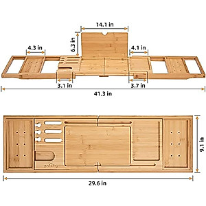 Bathtub Tray, Expendable Bath Caddy Tray for Tub, Bamboo Wooden Book Stand and Wine Holder