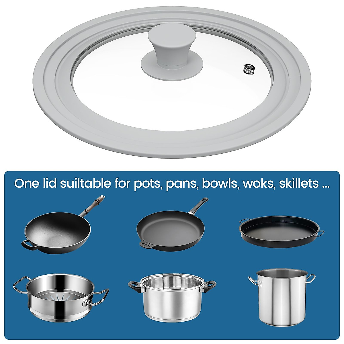 TOPULORS Universal Lid for Pots, Pans, and Skillets - Tempered Glass Lid with Silicone Rim Fits 8", 9", 9.5" Inner Diameter Cookware Frying Pan Cover Replacement Lid - Dishwasher Safe, Grey