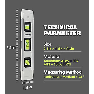 URASISTO 2 Pack Torpedo Level 9-INCH Level with 45°/90°/180° Bubbles, Small Measuring Tool