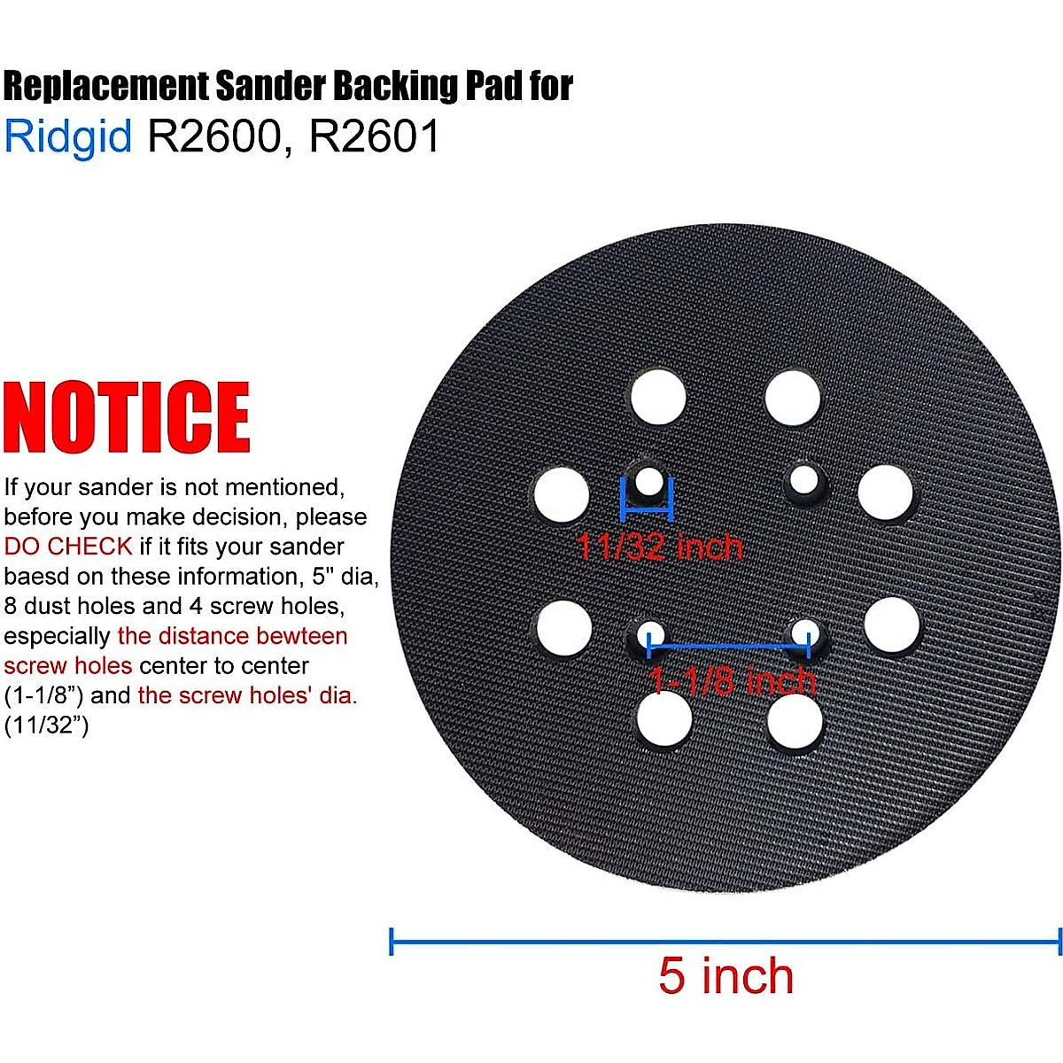 2 Pack 5 Inch 8 Hole Hook and Loop Sander Pad for Ridgid R2600, R2601 5" Random Orbit Sanders - Replacement Backing Sanding Pad for Pad Part Number 300527002