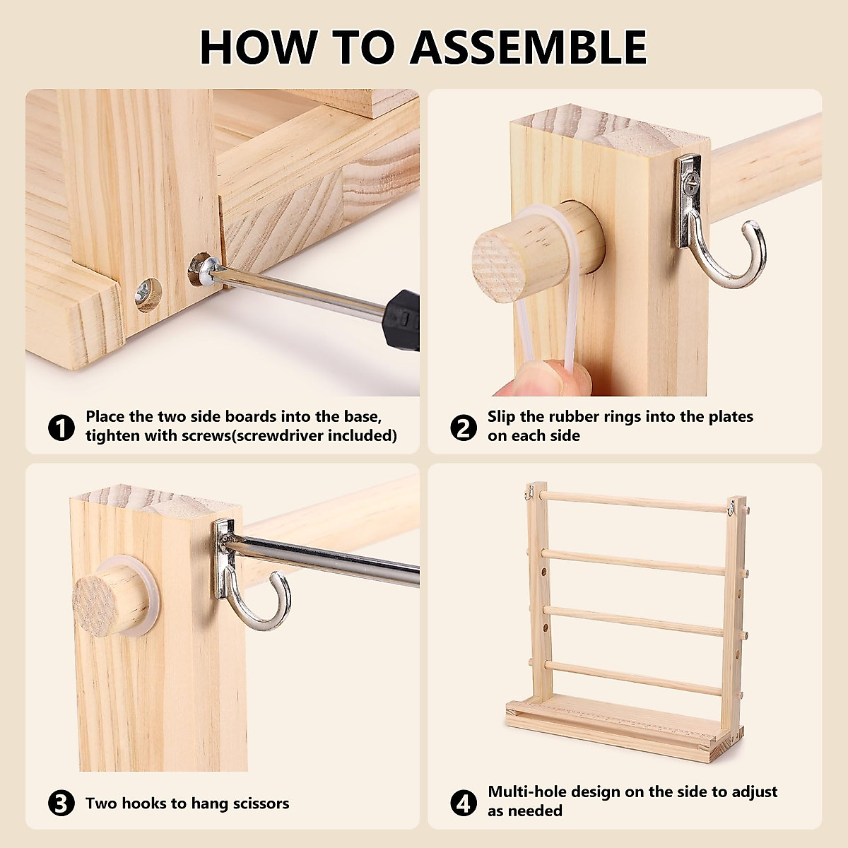 Ribbon Storage Organizer Rack 4 Tier Adjustable Wooden Ribbon Holder Spool Holder Organizer Rack Spool for Sewing Craft Mesh Thread Tape Wreath Crochet Roll Washi Tape Craft Gift Florist Wrapping