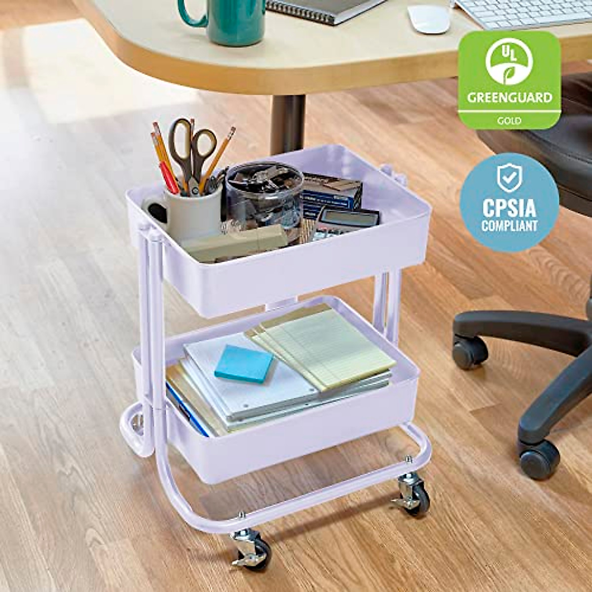 ECR4Kids 2-Tier Metal Rolling Utility Cart - Under Desk Office Storage, Multipurpose Mobile Organizer, White