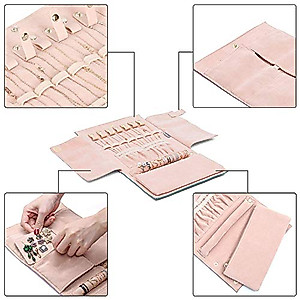 Becko Jewelry Organizer Roll Travel Jewel Bag case for Multiple Necklaces, Rings, Bracelets, Supple Leather & Suede, Large Capacity Without Crease, Lightweight, Portable & Practical (Blue)