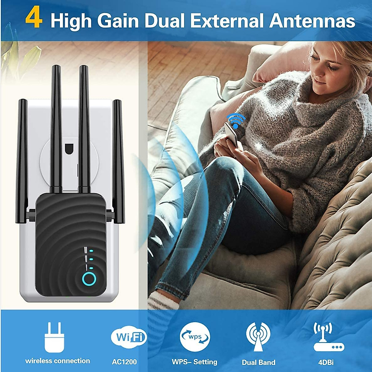 Wireless Signal Booster up to 1500 Sq.ft, 2.4 & 5GHz Dual Band Amplifier with Ethernet Port, 4 Antennas 360° Coverage Extend WiFi Signal to Smart Home