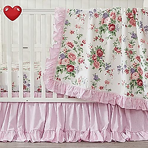 Brandream Pink Floral Crib Bedding Sets for Girls Farmhouse Chic Nursery Bedding Collection, 100% Cotton 3 Pieces